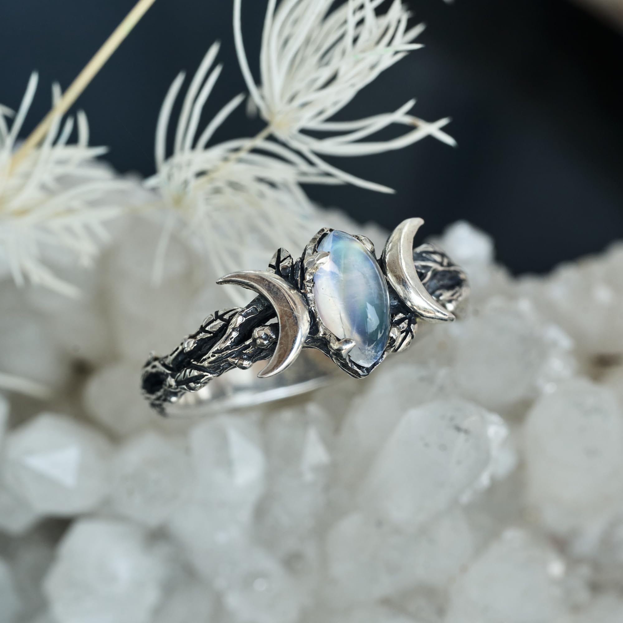 BlackTree 925 Sterling Silver Moonstone Ring Soma β Marquise Shape Rainbow Moonstone Handmade Rings, Celestial Jewelry Engagement Rings for Women (10 US)