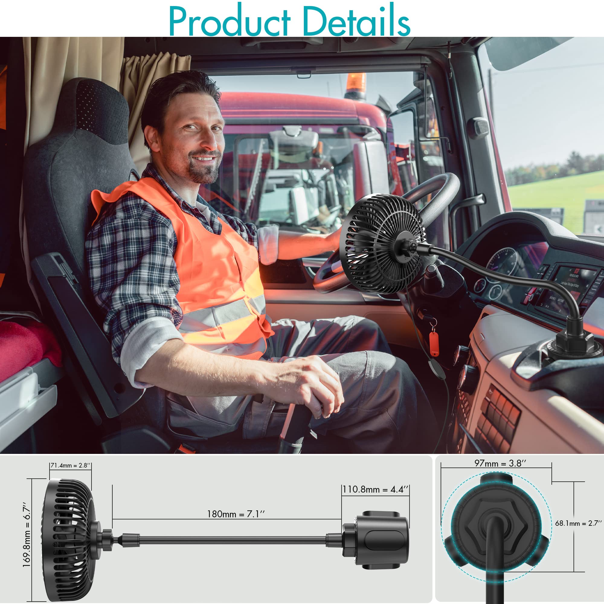 Car Cooling Fan, 6 Inch Slim Air Circulator Fan, 360° Rotation Bendable Gooseneck 3 Speeds USB Powered with Retractable Mounting Cup Base for Car Truck SUV RV Bus