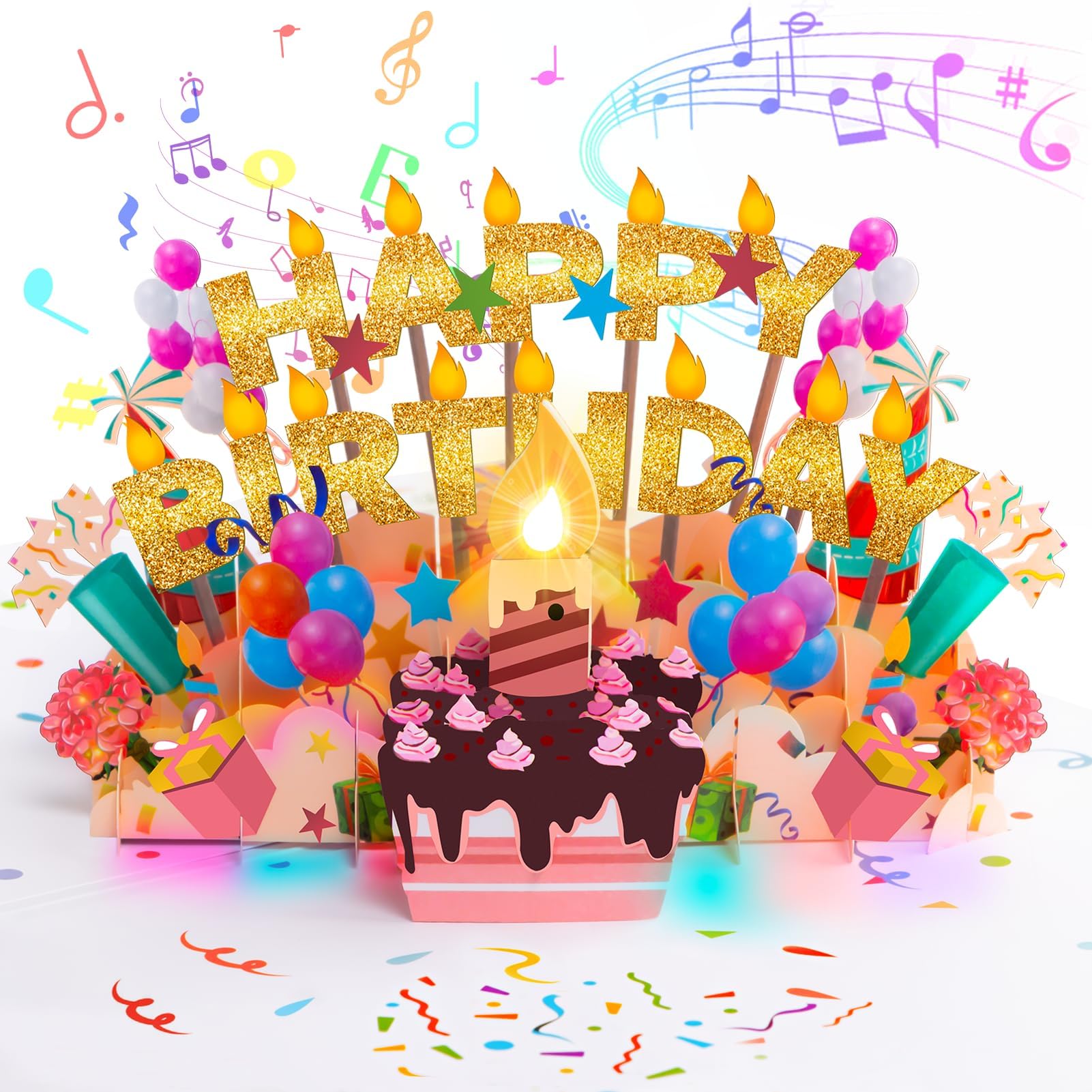 CUISH Birthday Cards with Lights & Music & Candle, 3D Pop Up Musical Happy Birthday Greeting Cards Decoration Gifts for Women Man Girl Boy Daughter Son