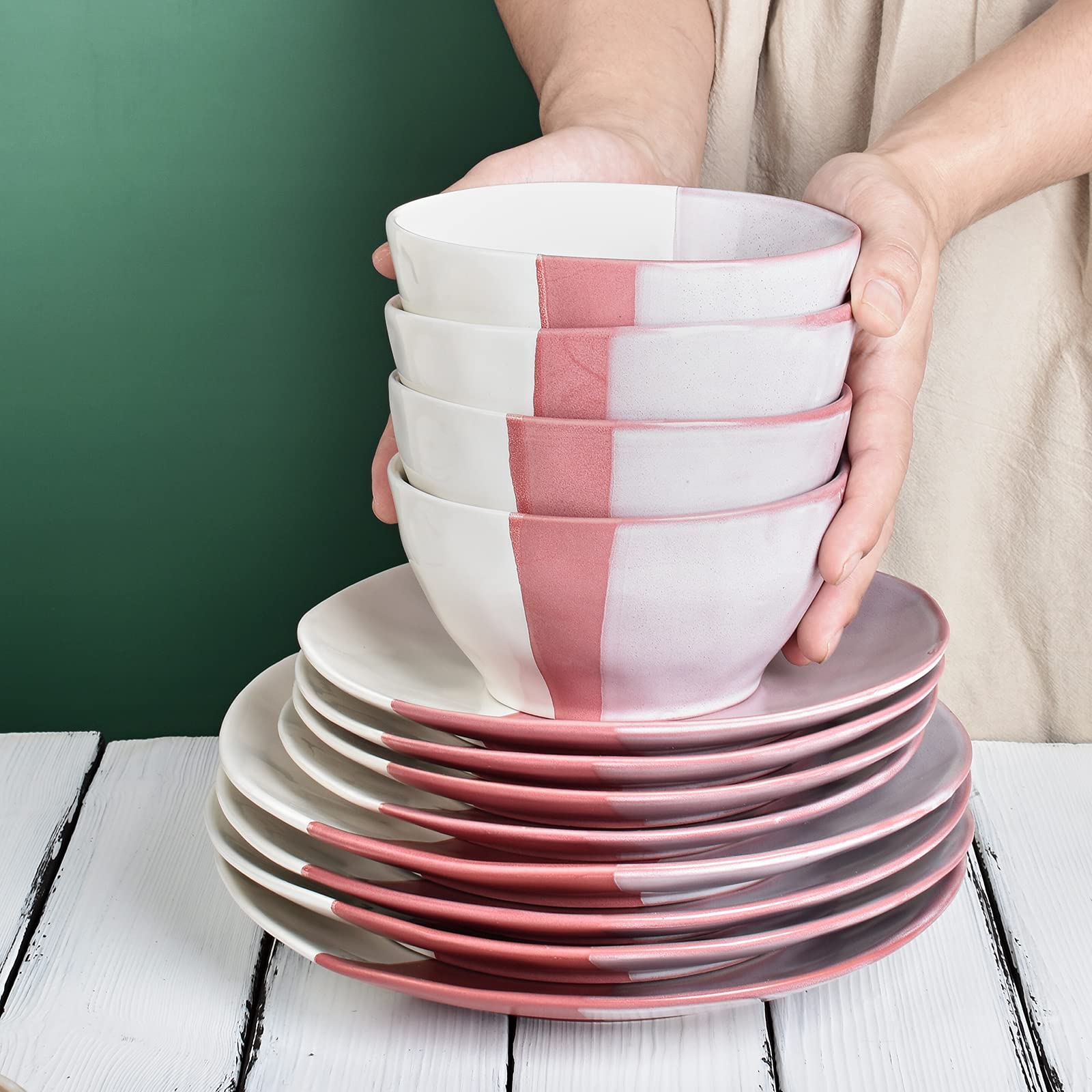 Bosmarlin Stoneware Dinnerware Set, Service for 4, 12 Piece, Microwave and Dishwasher Safe, Reactive Glaze (Blue Green)