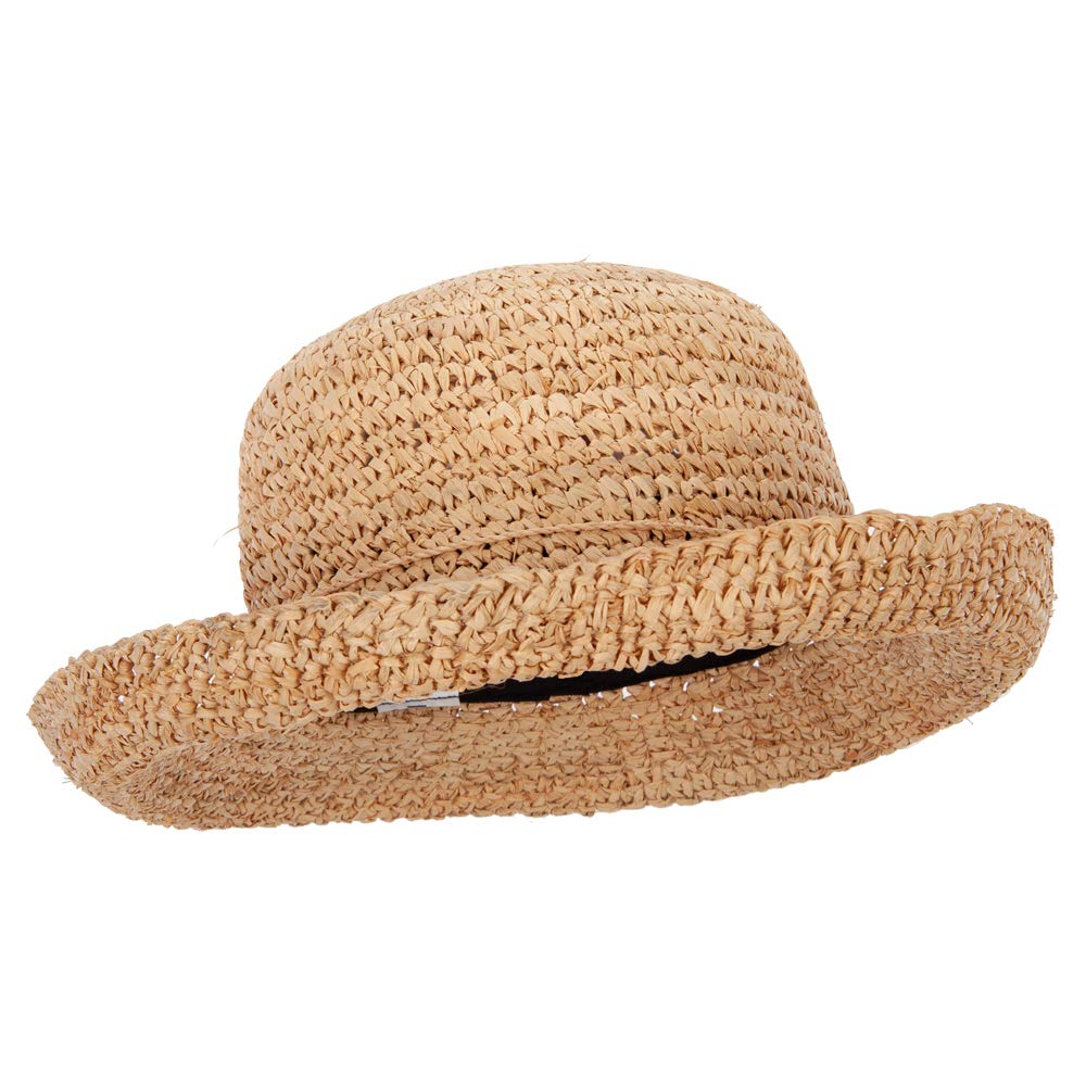 Jeanne Simmons Women's 3 Inch Turn Up Brim Straw Crochet Summer Bucket Hat - Raffia OSFM