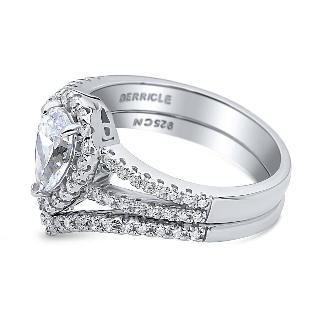 BERRICLE Sterling Silver Halo Wedding Engagement Rings Pear Cut Cubic Zirconia CZ Split Shank Ring Set for Women, Rhodium Plated Size 7.5