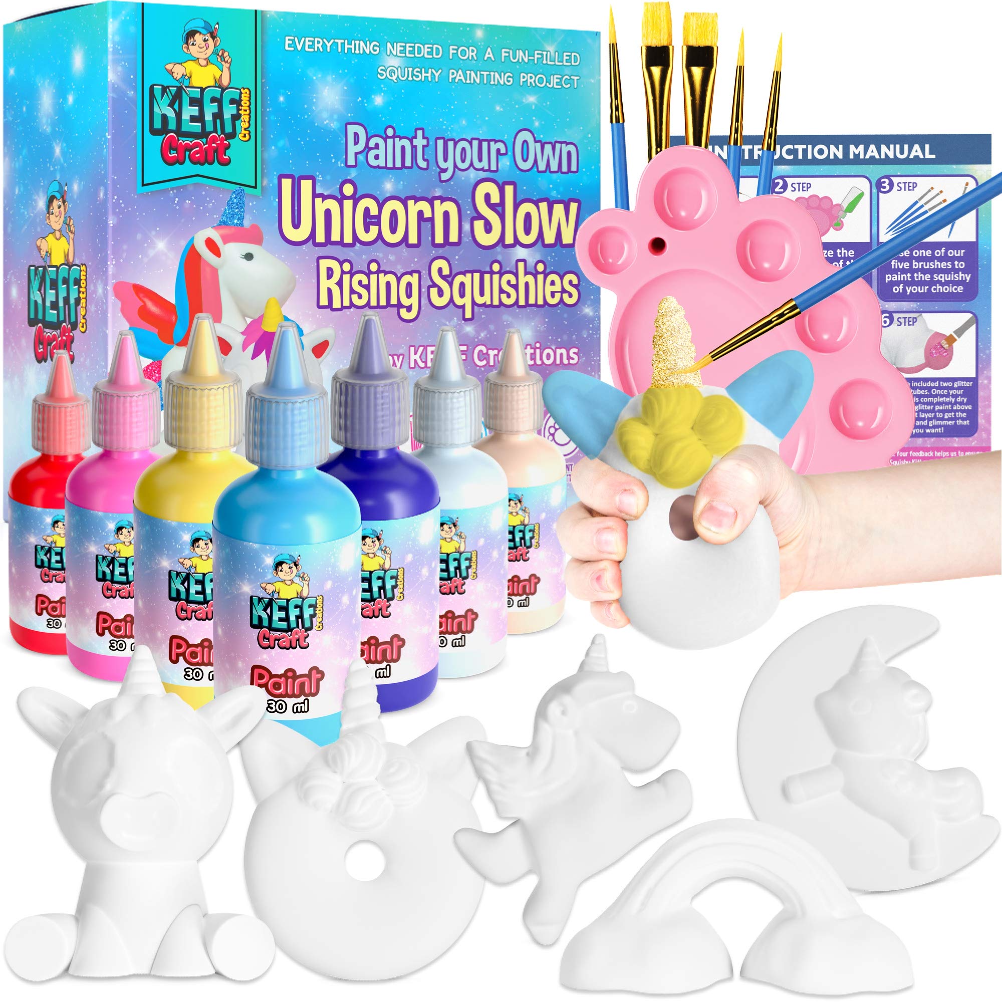 KEFF Paint Your Own Squishies - Unicorn Squishy Maker Painting Kit for Kids - DIY Arts & Crafts Gifts Toys for Girls and Boys with Glitter Puff Paints, Brushes and Palette