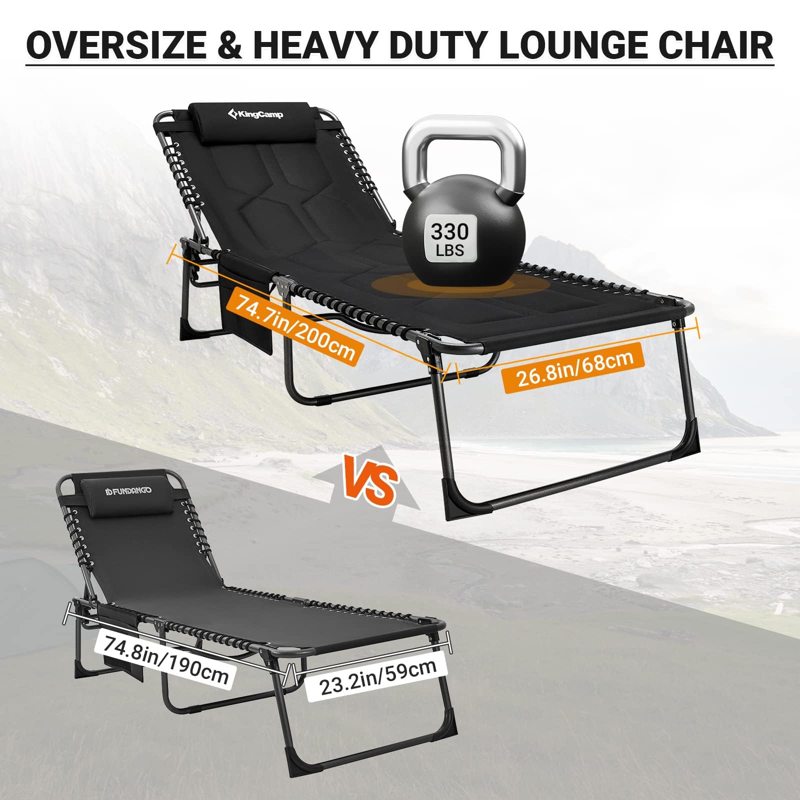 KingCamp Oversize Padded Folding Chaise Lounge Chair for Outdoor, Patio, Beach,Lawn, Sunbathing, Tanning, Pool, Lay Flat Heavy-Duty Adjustable Reclining Chairs with Pillow, Pocket, Support 330lb