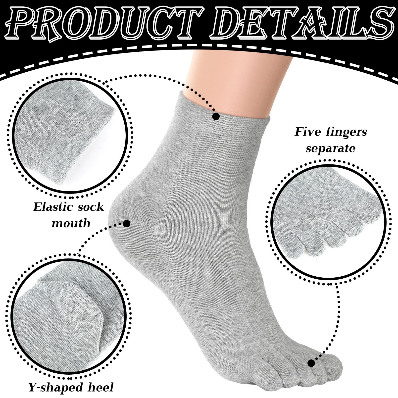 Bencailor 6 Pairs Women Five Toe Socks Cotton Breathable Compression Solid Color Tube Sock for Women Men Athletic Running(5-9,Black, White, Gray)