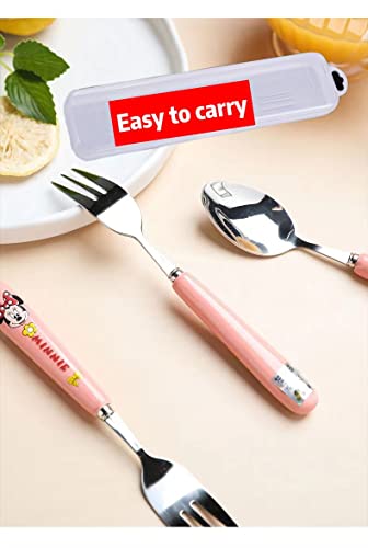 Meet Beauty Ding 1Set Stainless Steel Minnie Spoon Fork Set Pink Kid's Flatware with A Container Girl Children's Tableware Female Student's Cartoon Dinnerware Meal Tool(Made in China