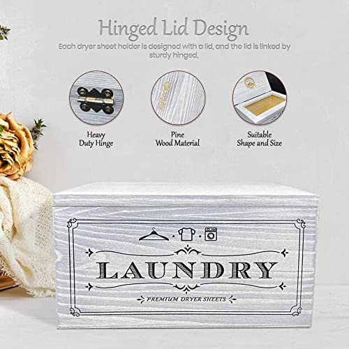 LUSAV Dryer Sheet Holder Dispenser with Hinged Lid for Laundry Room - Farmhouse Decor Dryer Sheets Container - with air Purifying Bag -Rectangular Box (Grayish-White) 7.9''x5''x4.2''