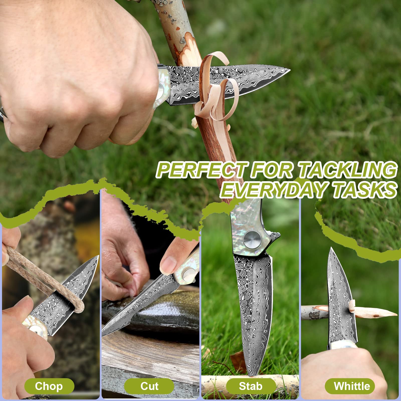 Benkey VG10 Damascus Pocket Knife with Clip Leather Sheath and Abalone Seashells Folding Hunting Knife Bundles