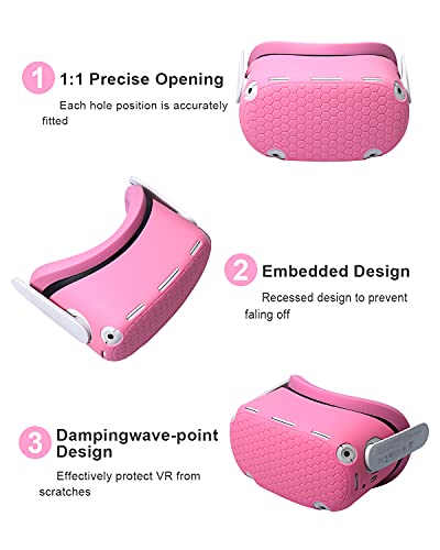 MODJUEGO VR Adjustable Head Strap for Oculus Quest 2 Accessories with Silicone Touch Controller Grip Cover,Barbie Pink 6 in1 VR Shell Protector Cover & VR Face Cover Replacement Set