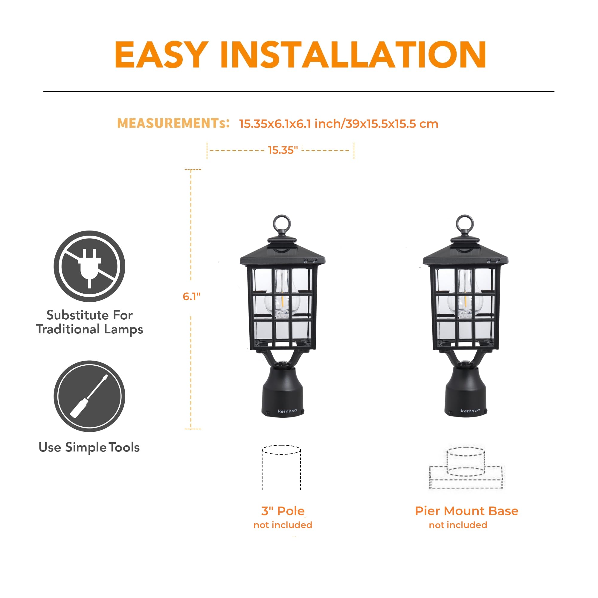 Kemeco ST4324Q-B Solar Post Light Squared Frame Exterior Waterproof Led Fixture for Outdoor Garden Street Post Pole Yard Driveway Walkway Entryways (Top Ring)