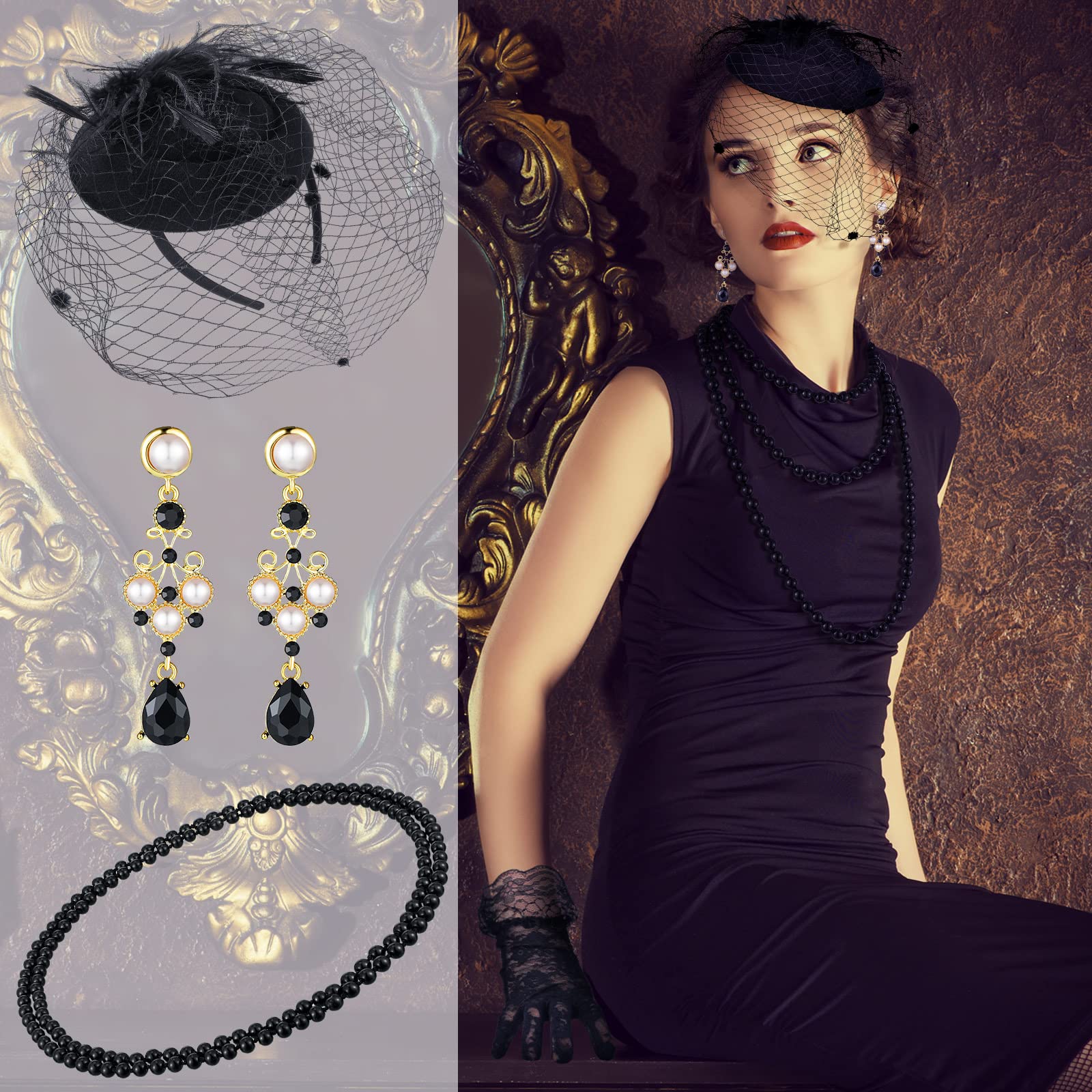 Bencailor Fascinator Hat for Women Funeral Veil Hats Set Include Mesh Hats Lace Gloves Necklace Earring for Tea Party(Floral Style)