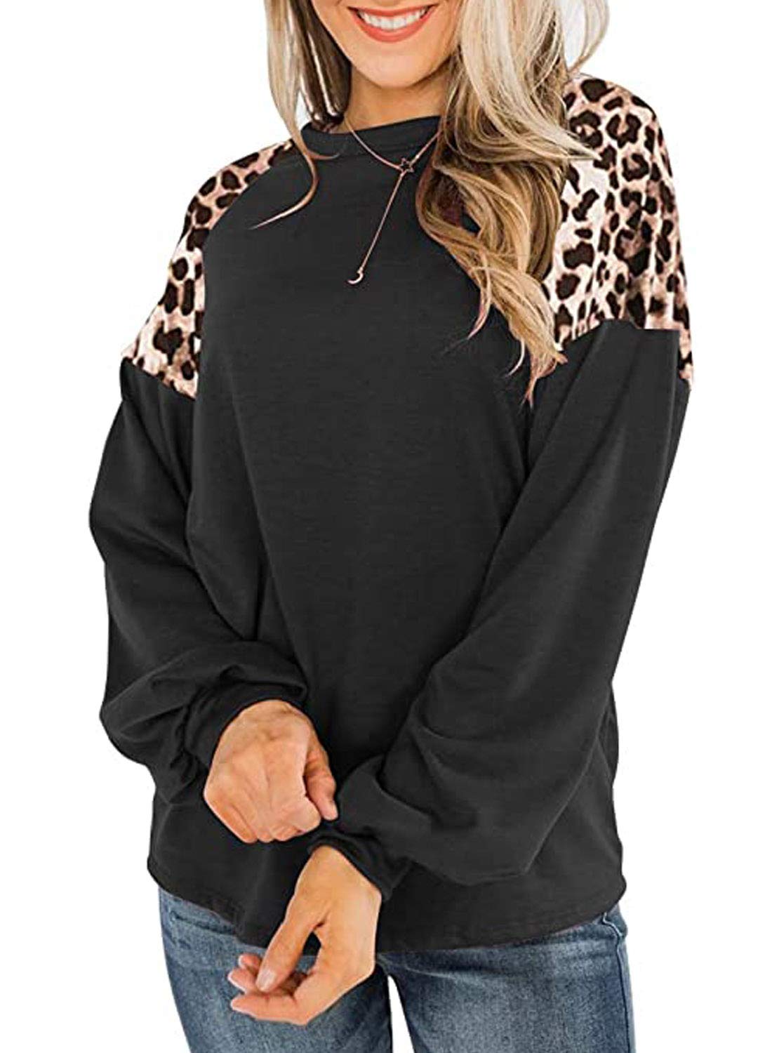 Black Leopard Print Tunic Tops for Women 2023 Fall Trendy Long Sleeve Shirts Plus Size Dressy Casual Animal Cheetah Crewneck Sweatshirts Fashion Outfits Clothes 2X XXL