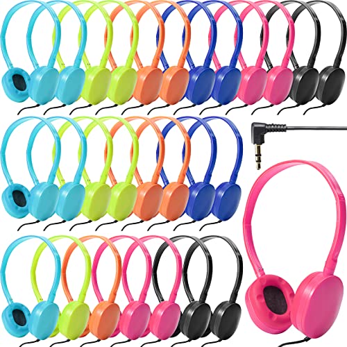 Flutesan 30 Pack Wired Headphones, Adjustable On Ear Headphones, Kids Headphones with Stereo, Children Headphones Earbuds for Kids, Boys, Girls, Schools, Laptop, Travel, Plane, Tablet (Mixed Colors)