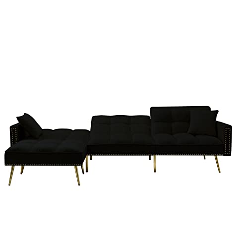 Eafurn Velvet Upholstery Convertible Sleeper Sofa Bed with Reversible Chaise,L Shaped Sectional Couch w/Reclining Backrest and 2 Pillows,Comfy Corner Sofa & Coues for Living Room Furniture Sets