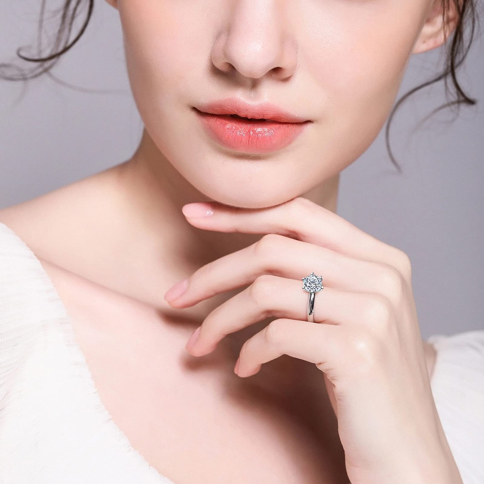 CARAT GALAXY Moissanite Engagement Weeding Ring Platinum Plated 925 Sterling Silver Round Imitation Diamond Promise Ring For Women, Plastic, 1ct