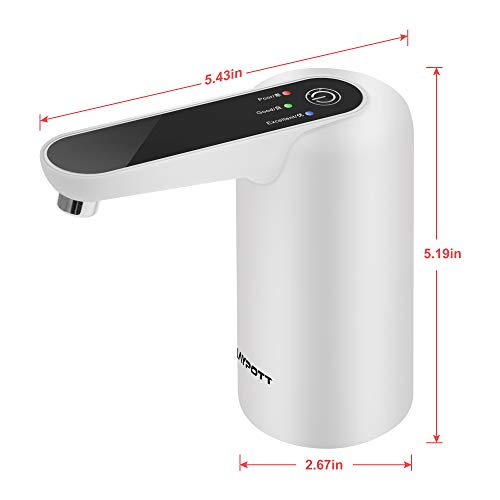 Electric Water Bottle Pump, Maypott Water Jug Pump for 3-5 Gallon Bottle Build-in TDS Water Quality Tester USB Charging Low Noise Portable Drinking Water Dispenser for Camping Outdoor (White)