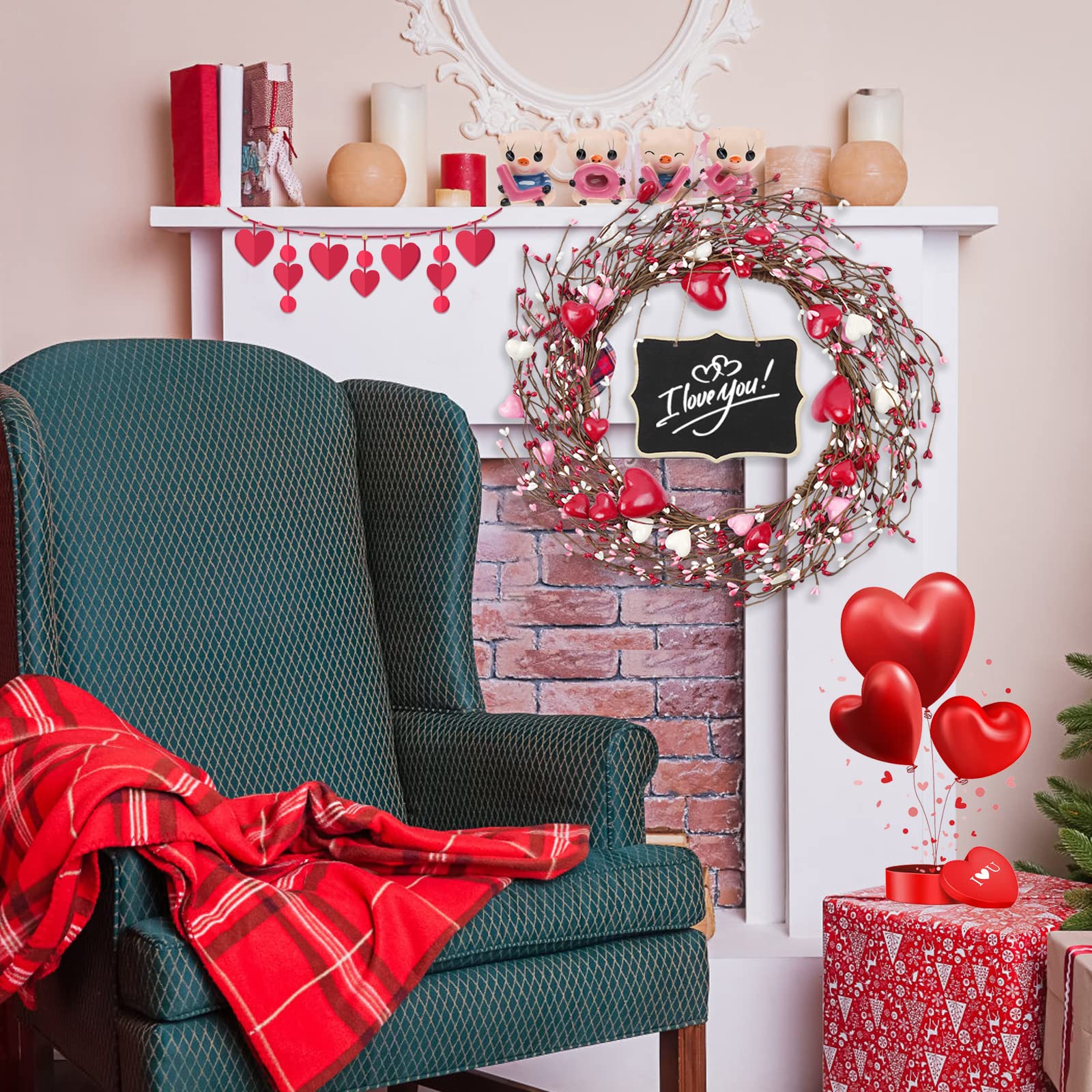 Mothers Day Decorations - 18'' Front Door Wreath, Heart Shaped Wreath Red Pip Berry Rustic Twig Wooden Sign Anniversary Wedding Home Office Wall Decorations (Red)