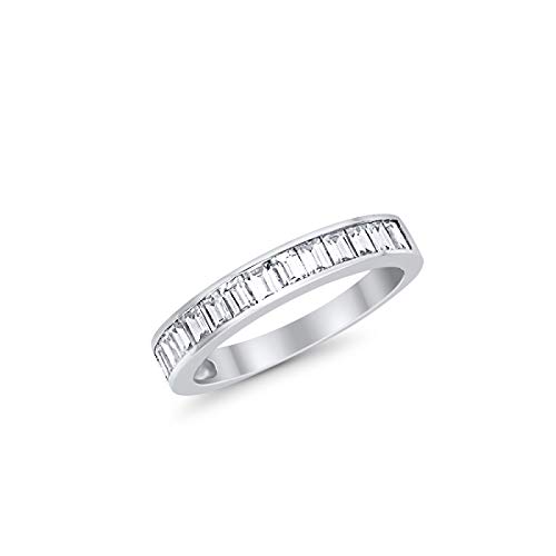 Blue Apple Co. Eternity Baguette Wedding Band Ring Simulated Baguette Cubic Zirconia 925 Sterling Silver,Size-7