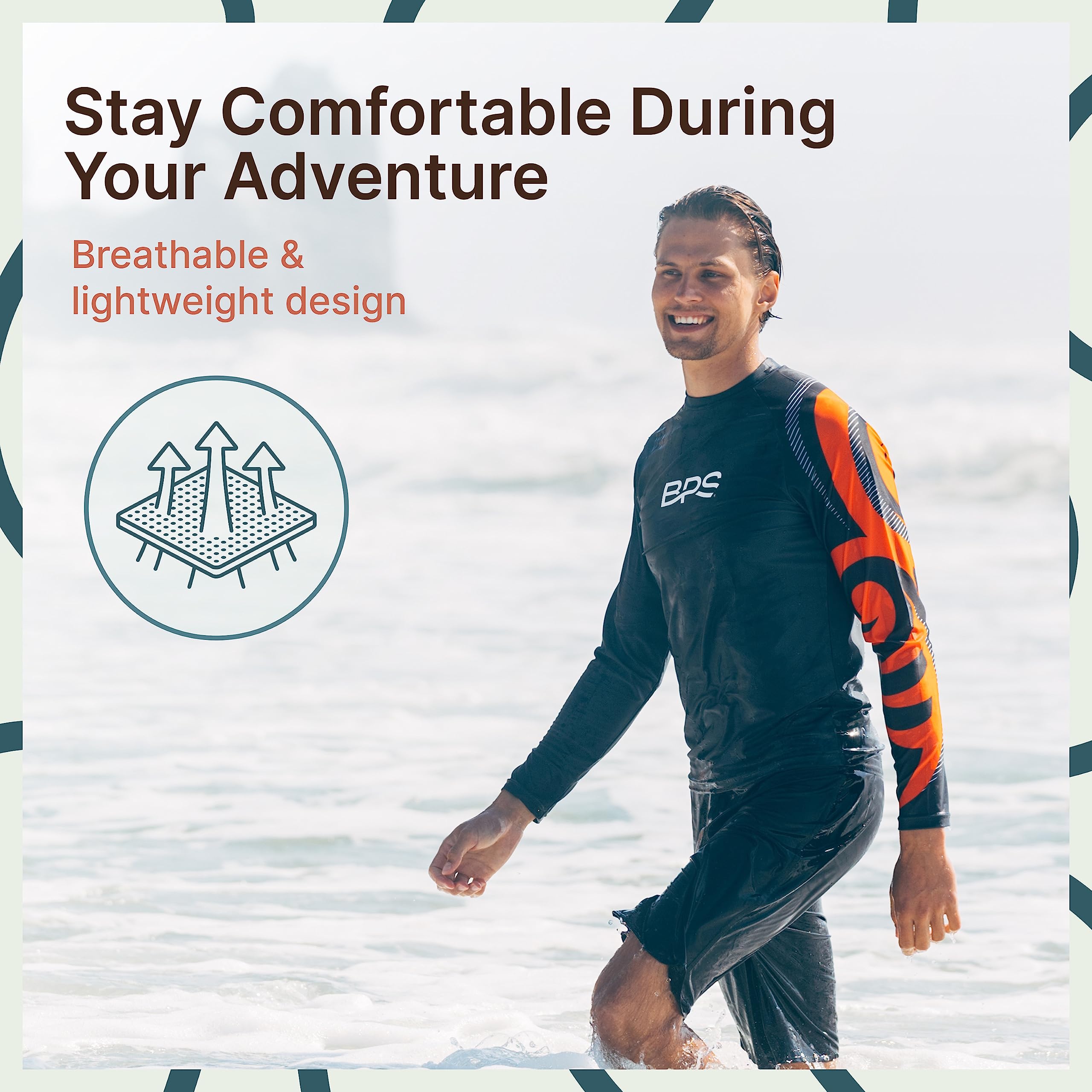 BPS Men's Long Sleeve Swim Shirt/Rash Guard with Sun Protection (Patterned Charcoal Orange, XL)