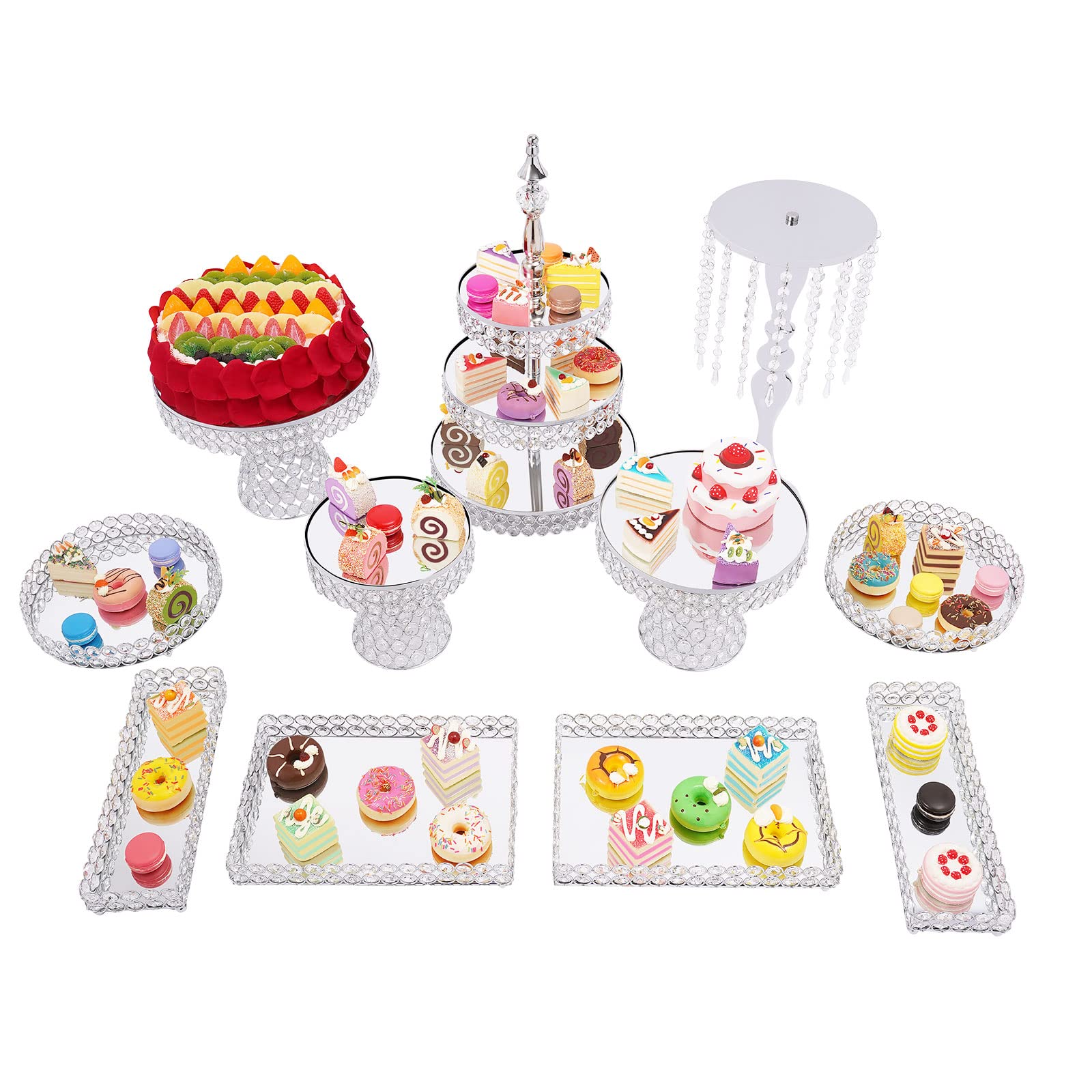 Cake Stand Set, Set of 11 Crystal Cake Stands, Cupcake Holder Stand Dessert Pastry Candy Display Plate, Cake Pop Stand Display Cupcake Tower Treats Contemporary Cakes Candy Station, Silver
