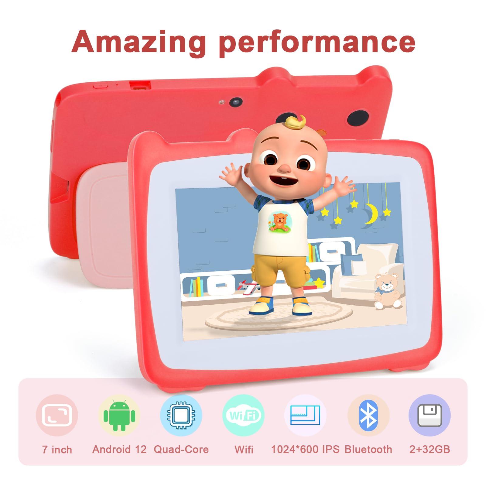 C idea 7 inch Kids Tablet, Android 12 Tablet for Kids with Kid-Proof Case 32GB+32GB Expandable Storage HD Dual Camera WiFi Childrenās Tablet for Toddler Boys Girls Playing and Learning (Rose Red)