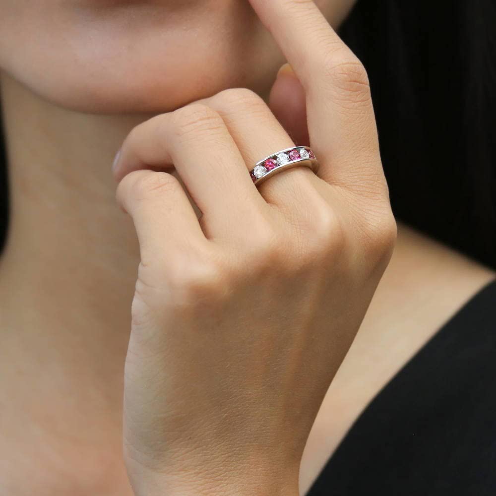 BERRICLE Sterling Silver Red Channel Set Cubic Zirconia CZ Stackable Fashion Anniversary Half Eternity Ring for Women, Rhodium Plated Size 7