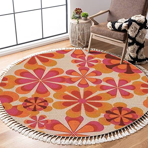 OUVNWLRE Round Fringe Shag Rugs Seamless 70s Retro Floral with Vintage Daisy Flowers for Fabric or Boho Circle Throw Area Rug Kids Girl Room Decor Carpet Tassels Powder Nursery Playroom, 4'