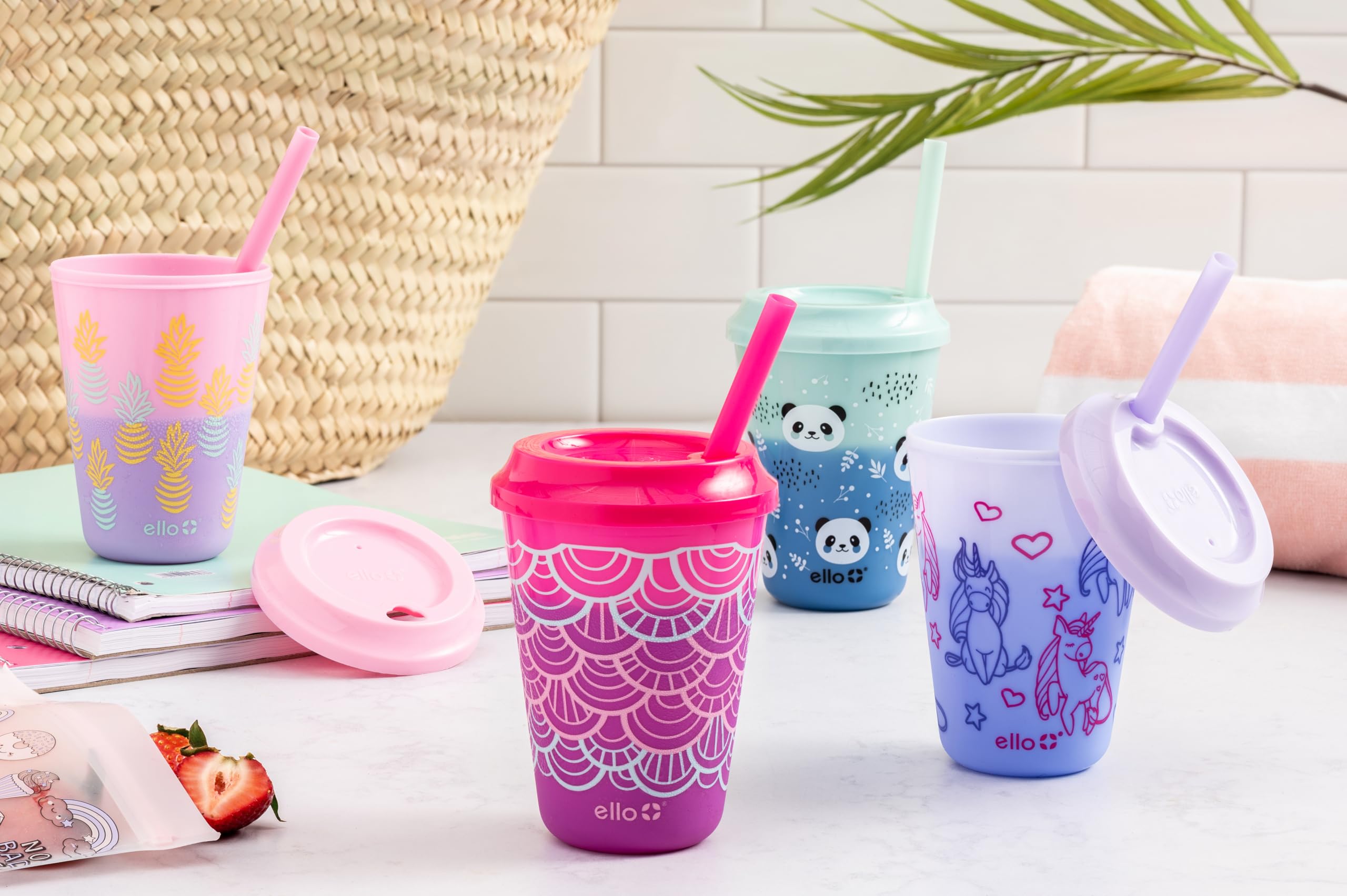 Ello Kids Plastic Reusable Color Changing Cups with Twist on Splash-Proof Lids and Straw, BPA Free, Dishwasher Safe, 12oz, Fruit Pop, 4 Pack