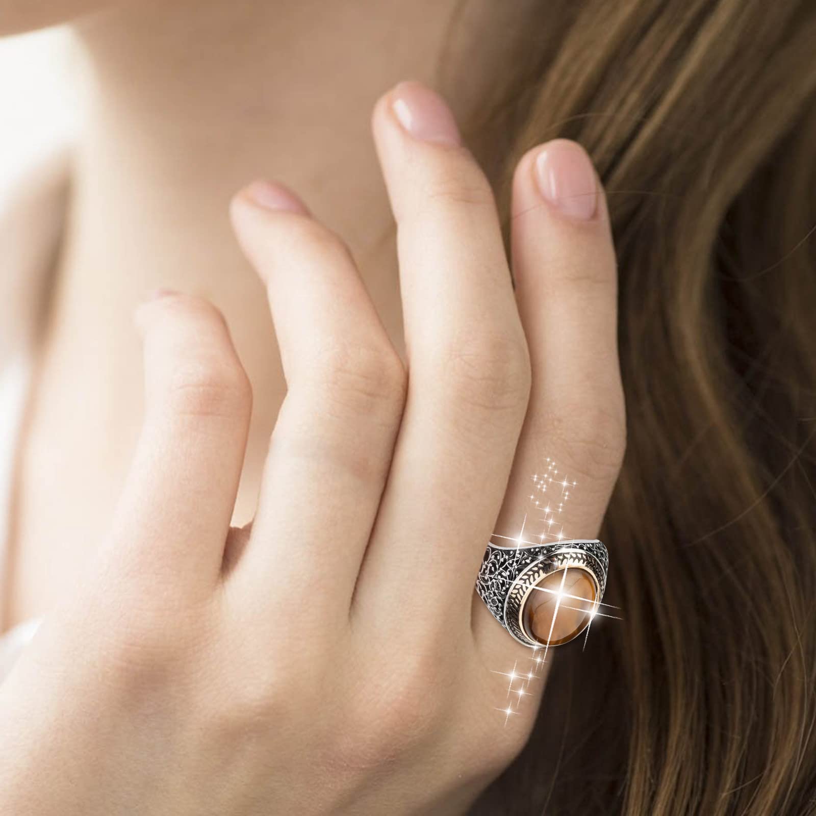 Chunky Rings Set Gemstone Art Engraved Unisex Ring Simple Fashion Jewelry Popular Accessories (Silver, 8)
