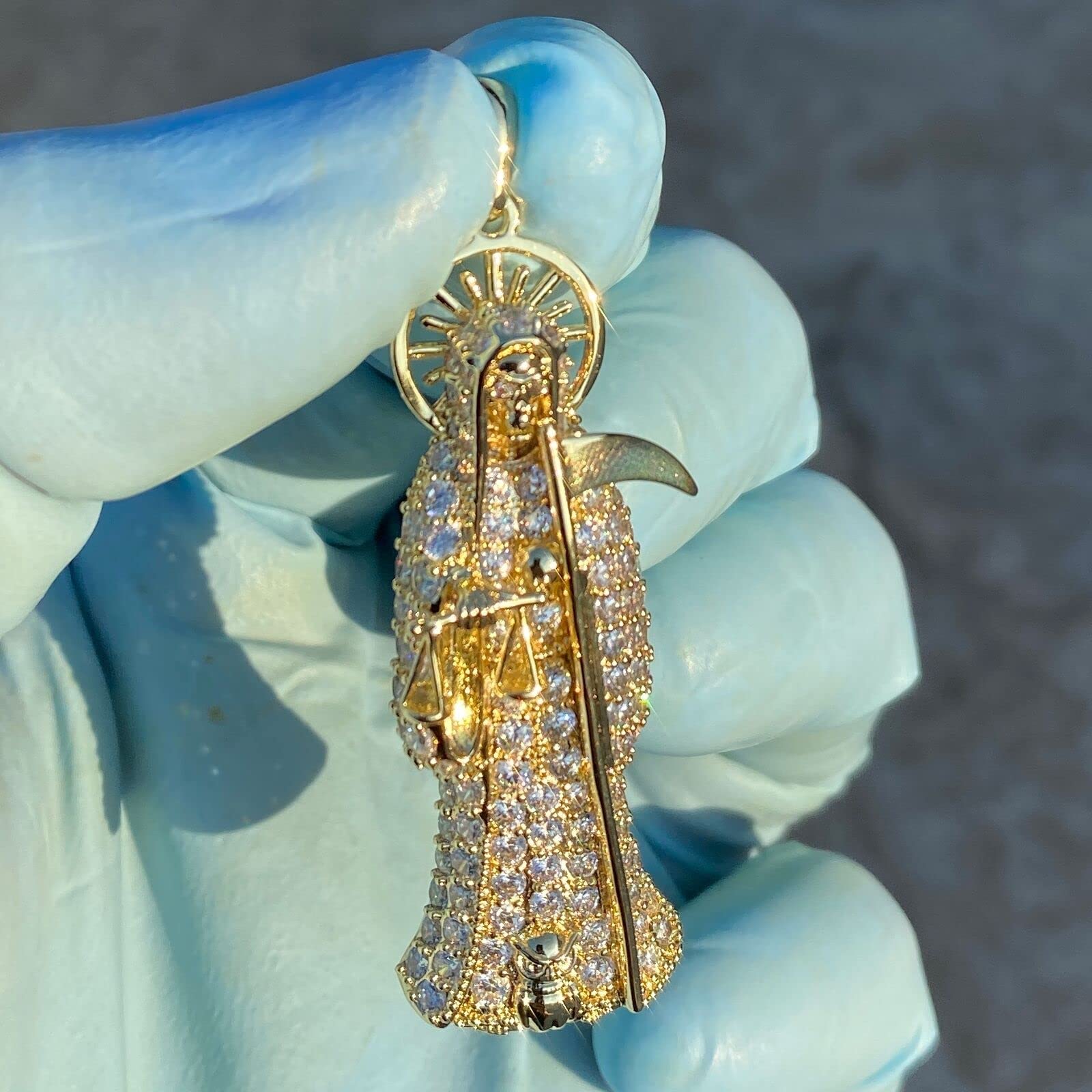 Bling Cartel La Santa Muerte Hip Hop Pendant Iced Charm Flooded Out 14K Gold Finish Small 2"