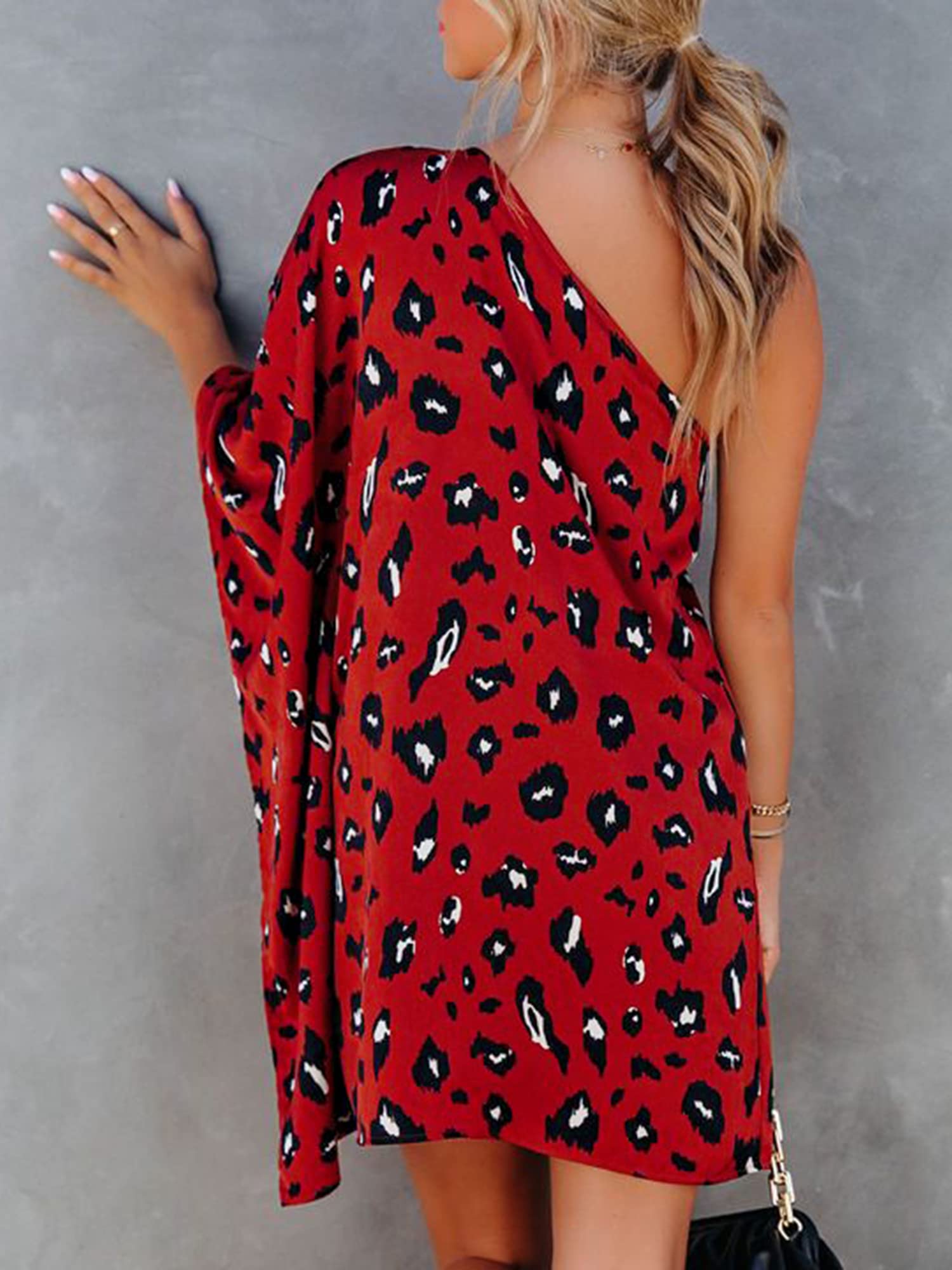 Chunoy Women Leopard Cheetach Print Casual Batwing Sleeve Side to Side One Shoulder Statement Flowy Mini Dress