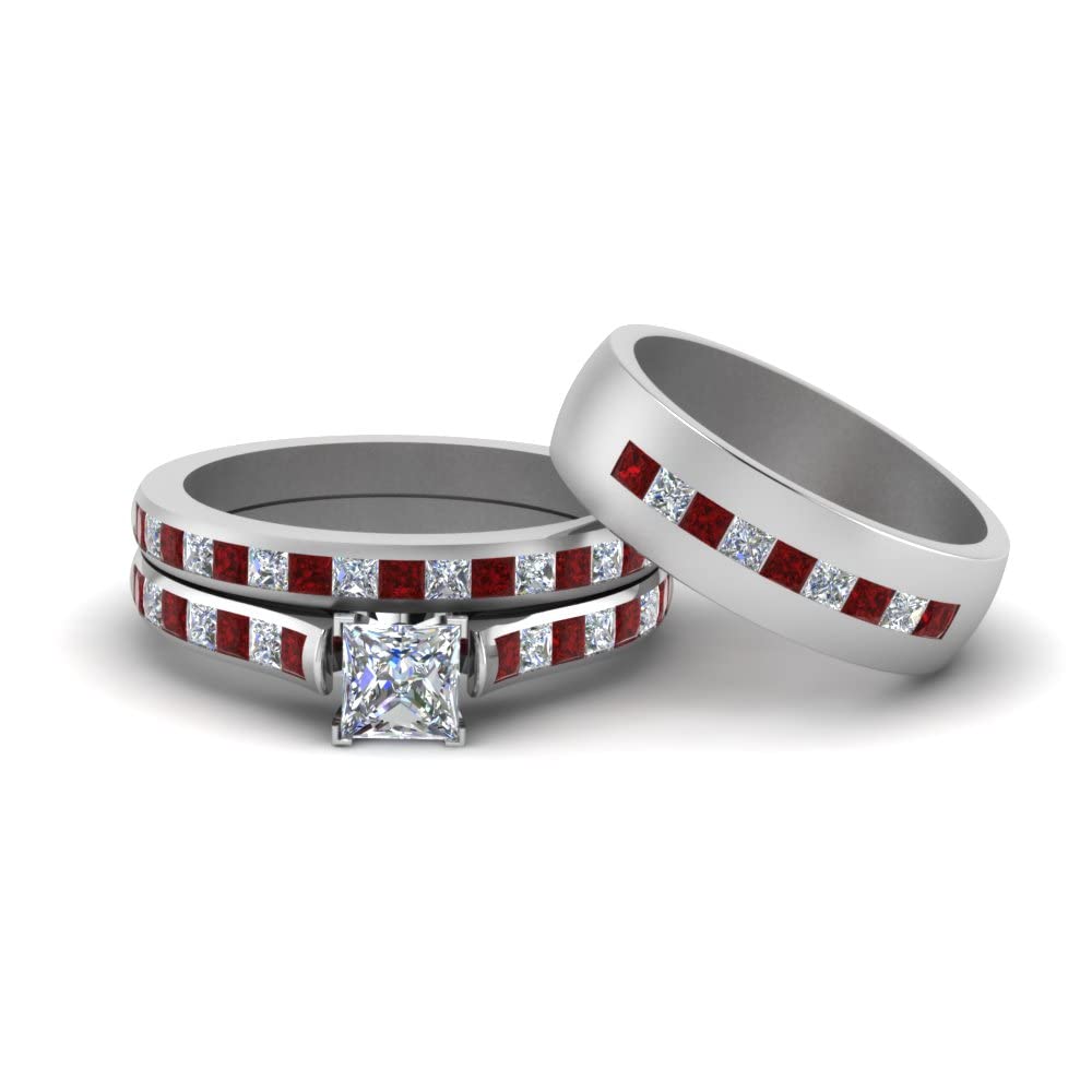 CaratYogi Channel Set Bridal Ring for Him and Her Sterling Silver Created Ruby Princess Shape Red Color Wedding Ring Sets Channel Setting in Size 10 Party Wear Daily Wear Ornament