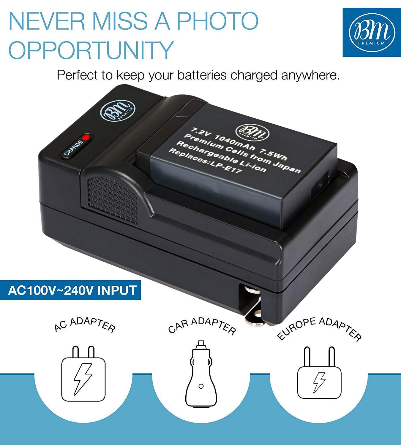 BM Premium LP-E17 Battery and Charger for Canon Rebel EOS R8, EOS R10, EOS R50, EOS R100, EOS RP, EOS M3, EOS M5, EOS M6, EOS M6 II, SL2, SL3, T6i, T6s, T7i, T8i, EOS 750D, EOS 760D, EOS 8000D