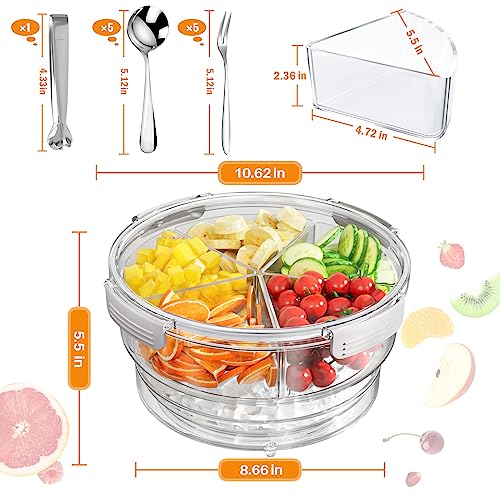 caktraie Condiment Tray [with 360° Rotating Tray Turntable] Stainless Steel 5 Spoons, 5 Forks and 1 Clip, Bar Ice Fruit Holder, Condiment Server, Compartment Tray with Lid