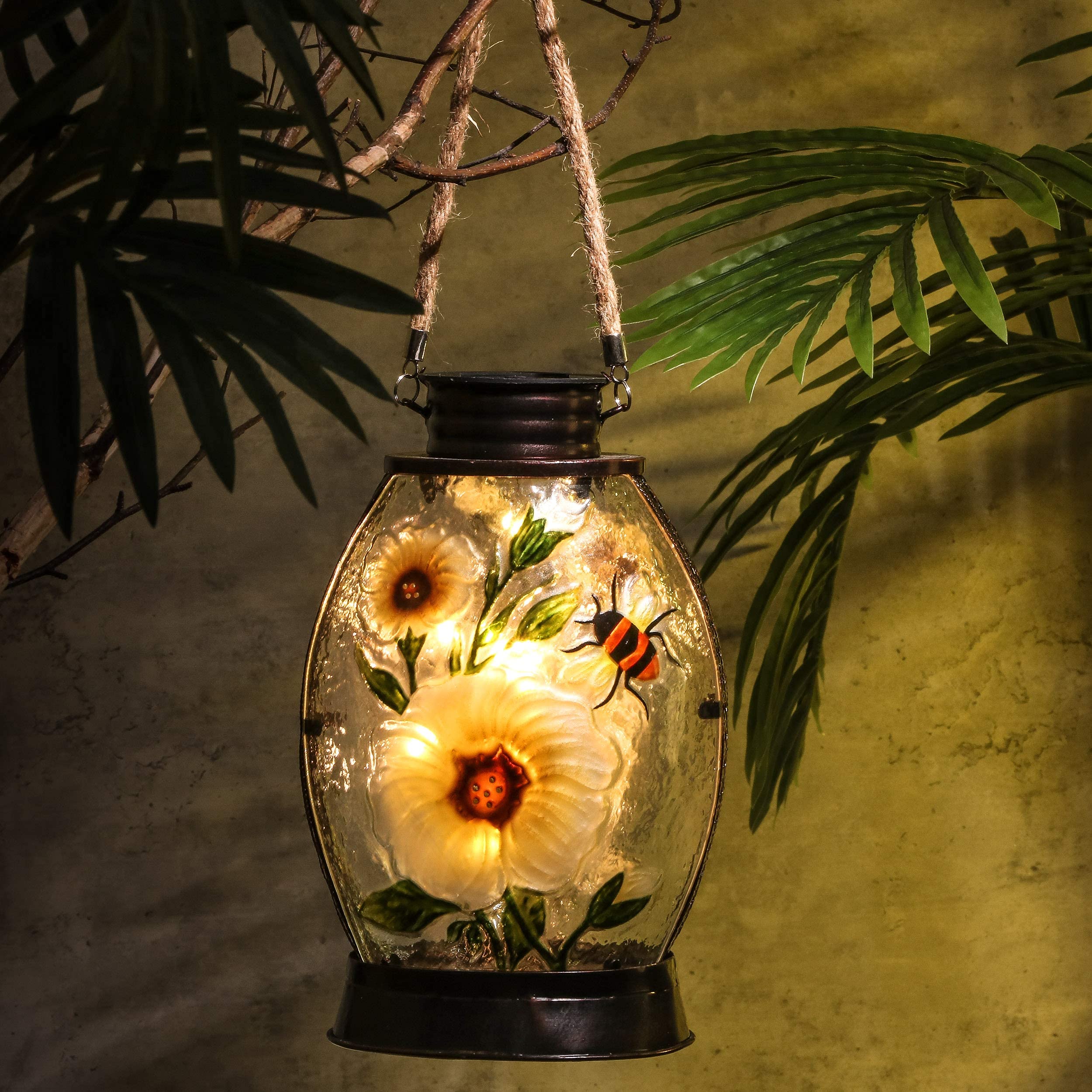 TERESA'S COLLECTIONS Glass Decorative Hanging Outdoor Solar Lanterns Bundle(2PCS) | Bee Gathering Honey Lantern and Blue Heron Lantern for Home Garden Patio Lawn Yard Decor