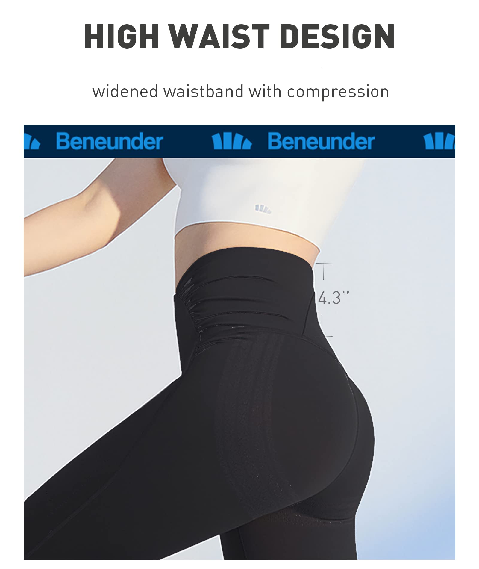 BENEUNDER Women's High Waisted Yoga Leggings with Tummy Control(Black,L)