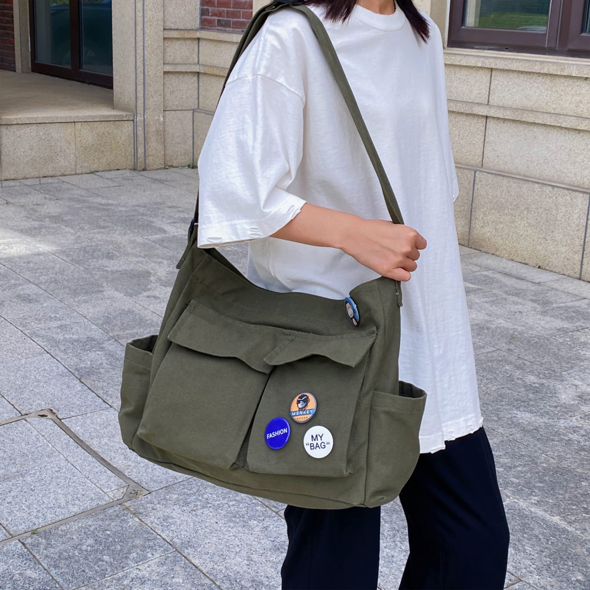 Canvas Messenger Bag Large Hobo Crossbody Bag with Multiple Pockets Shoulder Tote Bag for Women and Men (Beige)