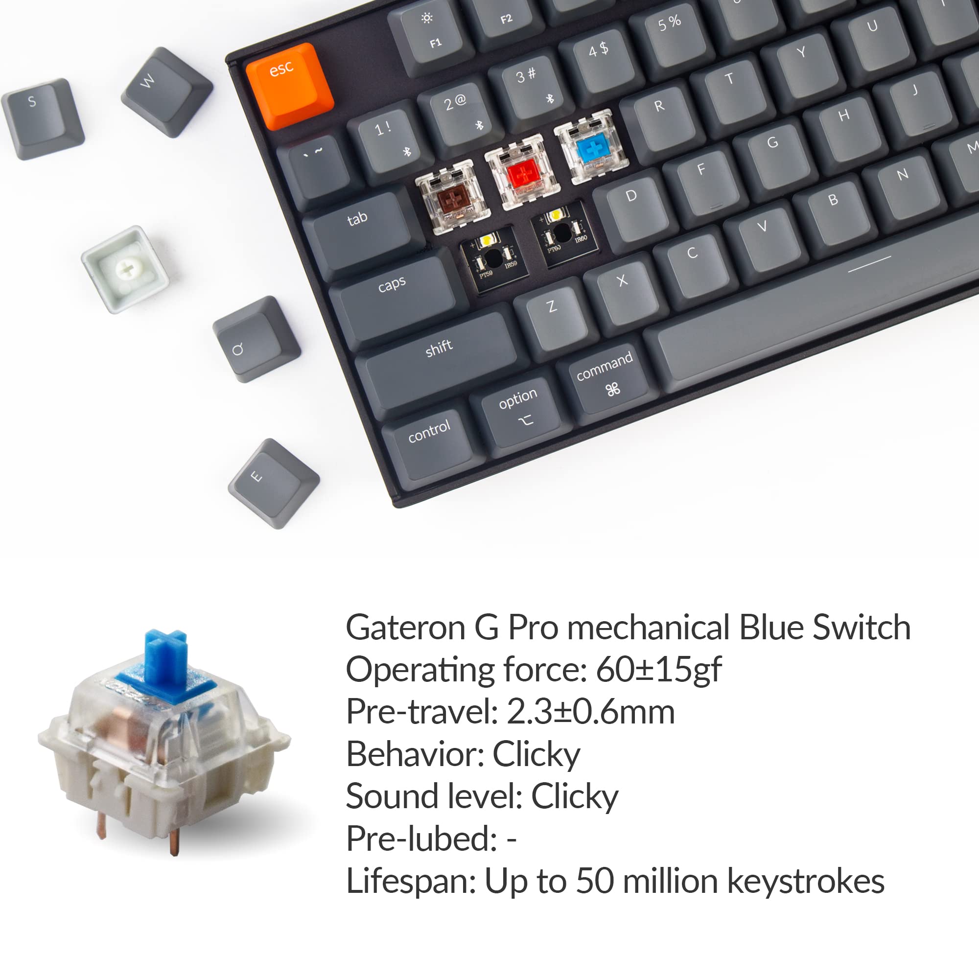Keychron K8 Hot-swappable Wireless Bluetooth 5.1/Wired USB Mechanical Gaming Keyboard, Tenkeyless 87 Keys Computer Keyboard with Gateron G Pro Blue Switch RGB Backlight N-Key Rollover for Mac Windows
