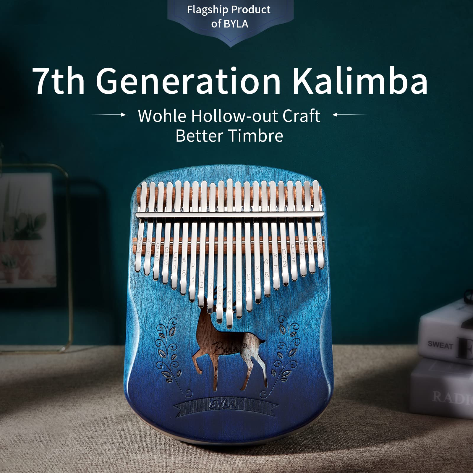 Byla Kalimba 21 Keys Play More Songs Solid Wood Mahogany Portable Thumb piano Finger piano Deer Gradient Blue Mbira Calimba Marimba Musical Instruments for Adults Chind and Beginners
