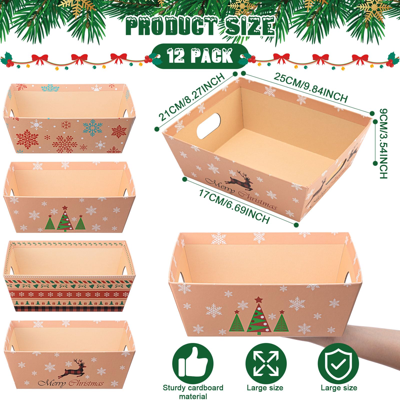 Cholemy 12 Sets Large Christmas Basket for Gift Empty Gift Basket Kit Gift Basket Empty to Fill with Handles Wine Basket Kraft Cardboard Tray for Christmas Birthday Party Gift Wrapping (Red,Classic)