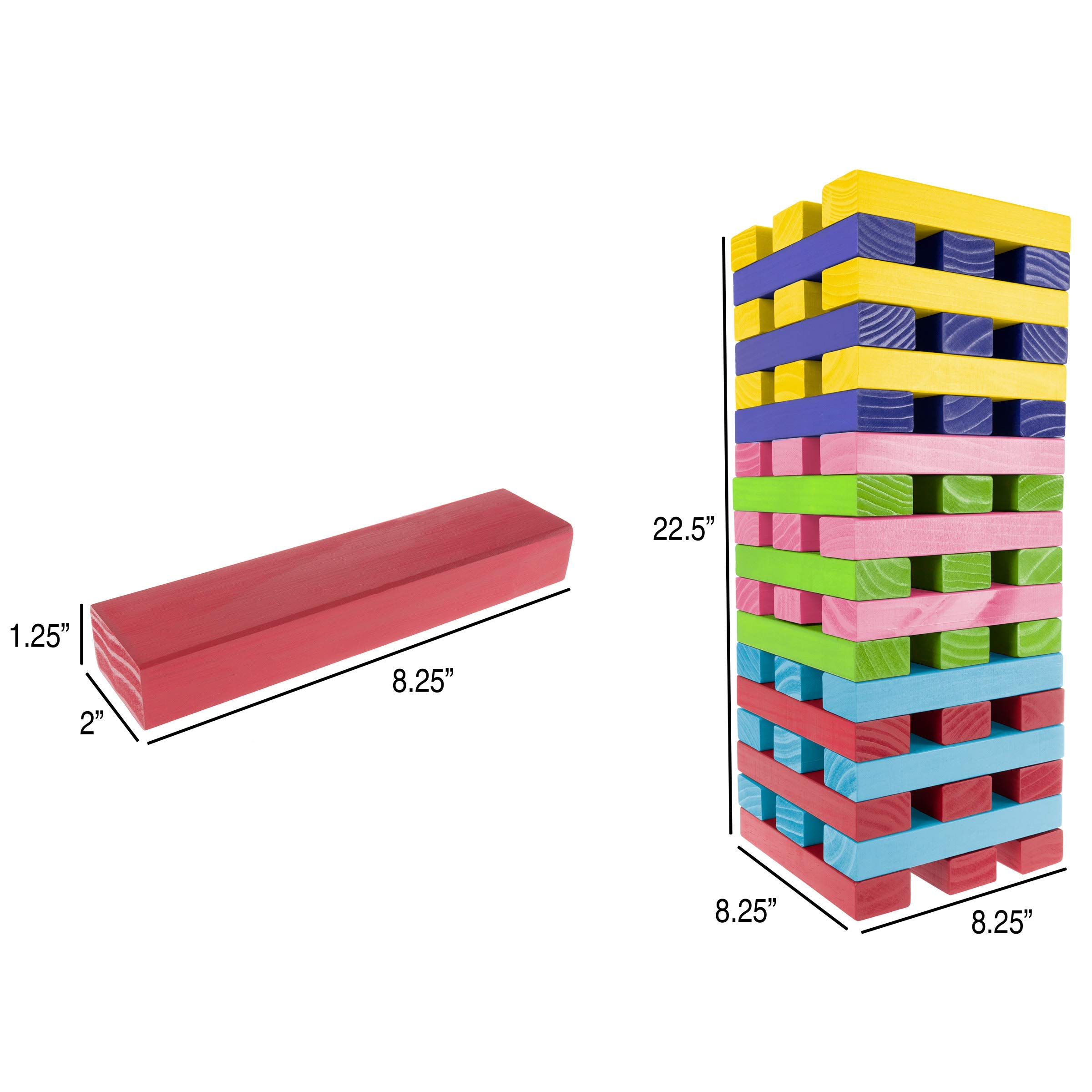 Hey! Play! Nontraditional Giant Wooden Blocks Tower Stacking Game with Dice, Outdoor Yard Game, for Adults, Kids, Boys and Girls (Rainbow Color)