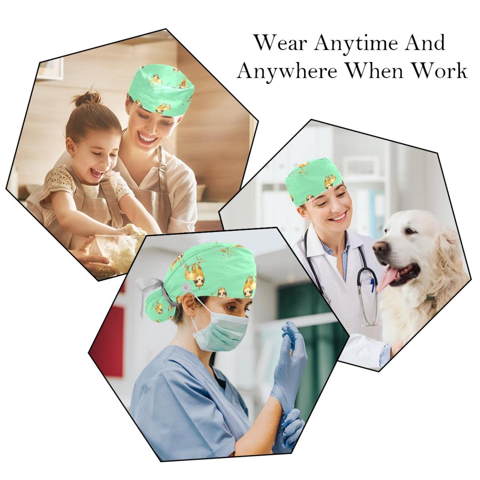 Cute Sloth Adjustable Working Cap with Ponytail Holder, 2 Packs Scrub Cap Bouffant Hat for Men & Women, One Size