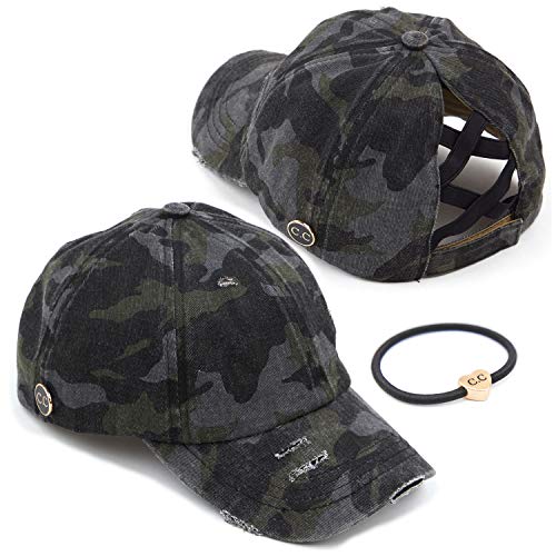 C.C Washed Denim Criss-Cross Ponytail Cap Epoxy Button for face mask (Face Mask not Included) (BT-799) (Black Camo)