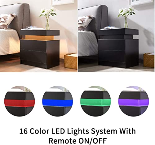 Melon Studio LED Nightstand with Drawers - Stylish Smart Bedside Table with 2 Drawers for Bedroom, Home - Mesa De Noche para Dormitorio - Wooden Nightstand Light RGB with Remote Control - Black