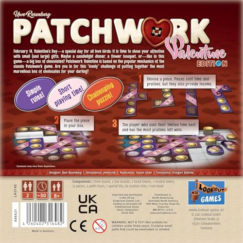 Patchwork Board Game Valentine's Day Edition | Strategy Game | Puzzle Game | Family Board Game for Kids and Adults | Ages 8 and up | 2 Players | Average Playtime 30 Minutes | Made by Lookout Games