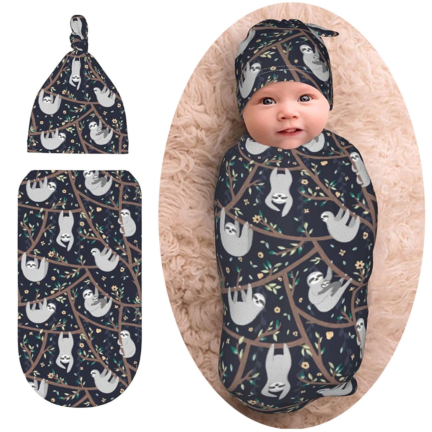 Cute Sloth Baby Stuff Swaddle Blanket Hat Set,Soft and Stretchy Infant Receiving Blanket for Newborn, Swaddle Sack Wrap for Boy/Girl