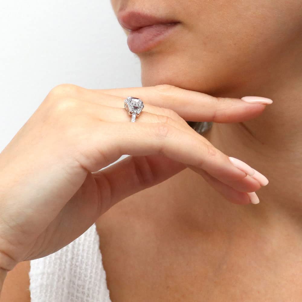 BERRICLE Sterling Silver 3-Stone Wedding Engagement Rings Cushion Cut Cubic Zirconia CZ Halo Ring for Women, Rhodium Plated Size 8