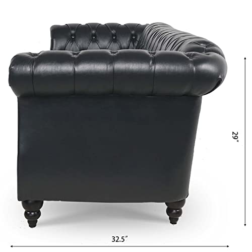 Faux Leather Couch, Modern Chesterfield Sofa Couch, Large 3 seat Couch, Sofas for Living Room, Apartment and Office Couch.(Black Sofa)