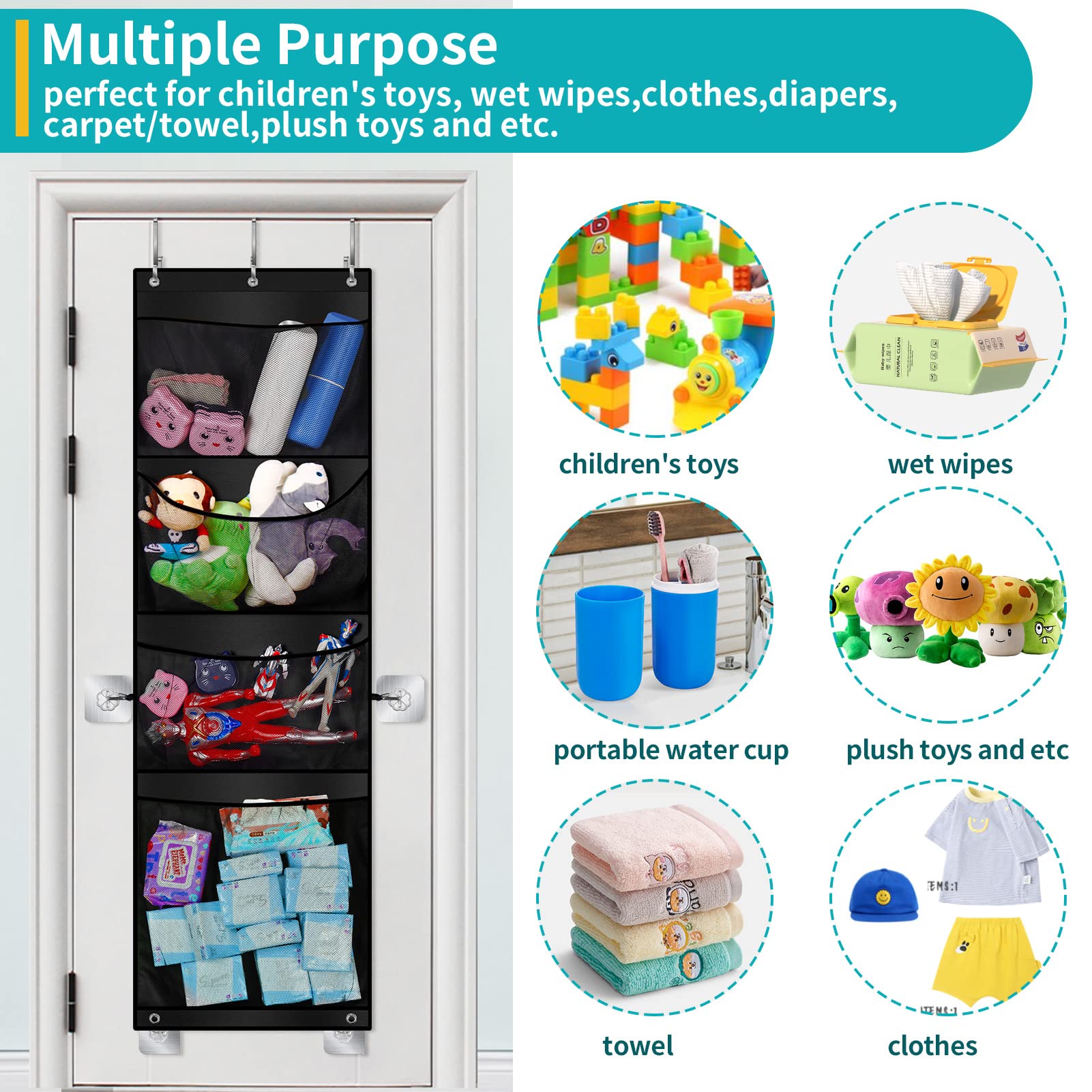bmhlinyi Over Door Stuffed Animal Storage, Stuff Animals Organizer and Toy Plush Storage,With 4 Large Breathable Storage Pockets, Hanging Door Organizer for Nursery, Bedroom, Bathroom, Kids Room