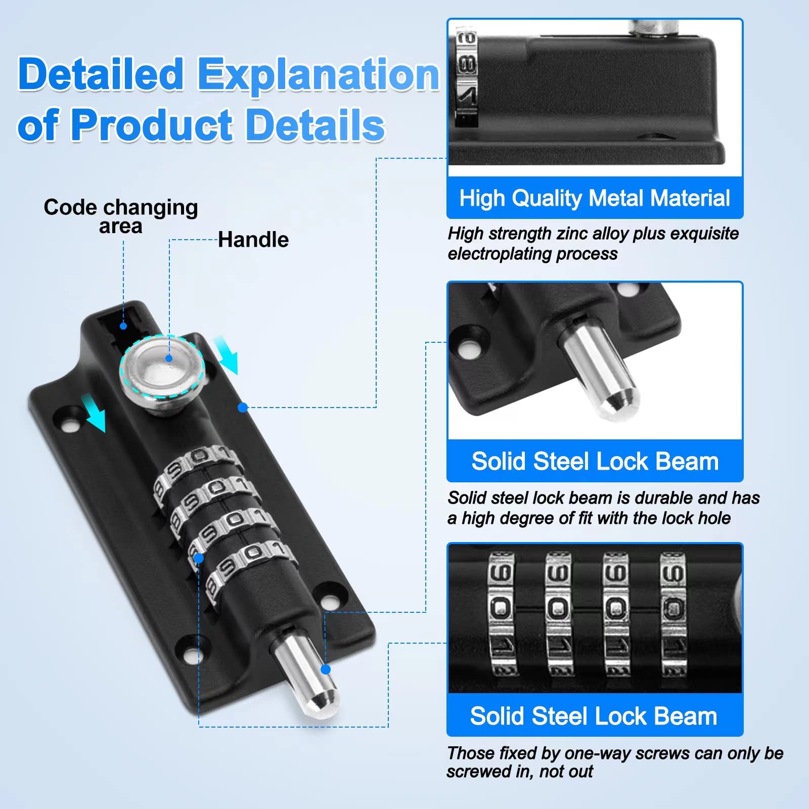 Combi Bolt Door Lock Sliding Combination Bolt Latch Keyless Combination Bolt, Weatherproof 4 Digit High Security Gate Lock for Sheds Cupboards Fences Garages